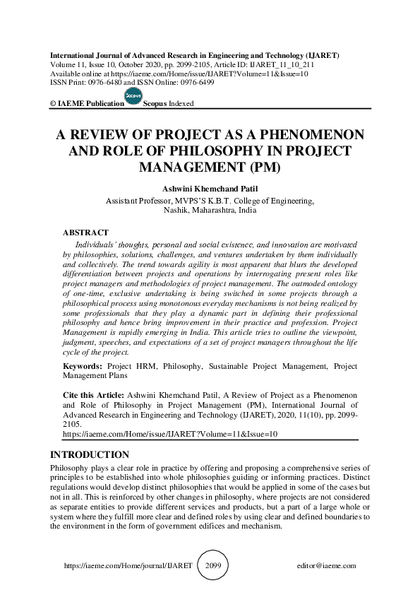 (PDF) A REVIEW OF PROJECT AS A PHENOMENON AND ROLE OF PHILOSOPHY IN ...