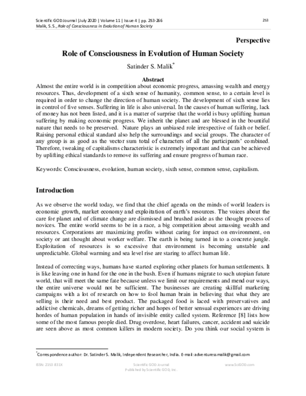 (PDF) Role of Consciousness in Evolution of Human Society