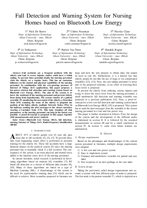 (PDF) Fall Detection and Warning System for Nursing Homes based on Bluetooth Low Energy