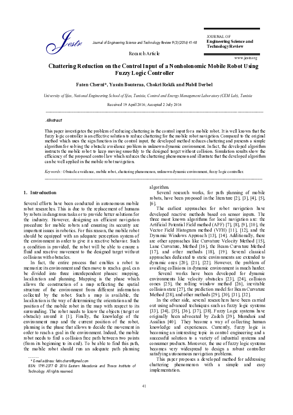 Pdf Chattering Reduction On The Control Input Of A Nonholonomic Mobile Robot Using Fuzzy Logic