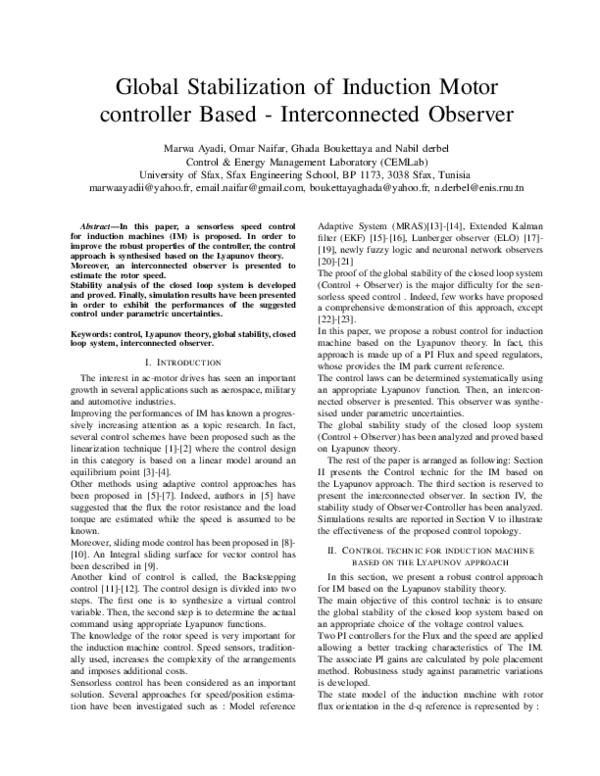 (PDF) Global Stabilization of Induction Motor controller Based-Interconnected Observer