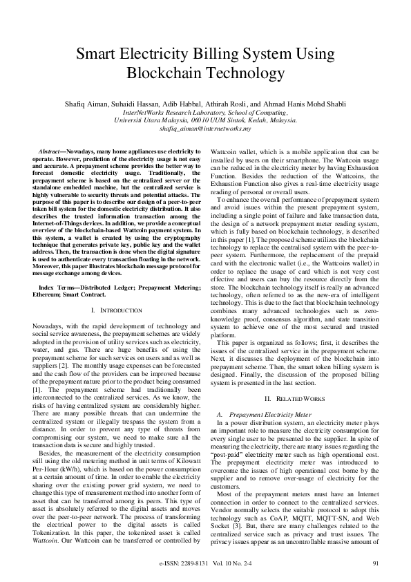 (PDF) Smart Electricity Billing System Using Blockchain Technology