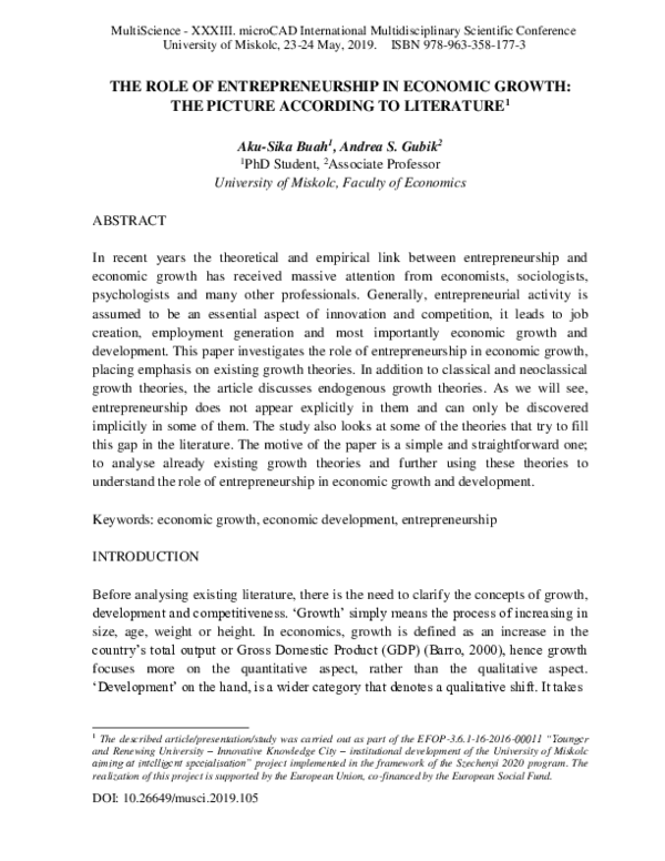 (PDF) The Role of Entrepreneurship in Economic Growth: The Picture ...