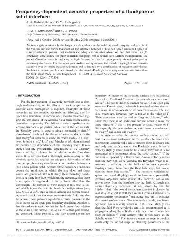 (PDF) Frequency-dependent acoustic properties of a fluid/porous solid interface