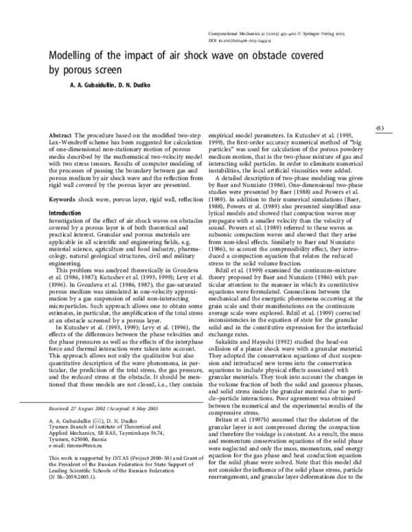 (PDF) Modelling of the impact of air shock wave on obstacle covered by ...