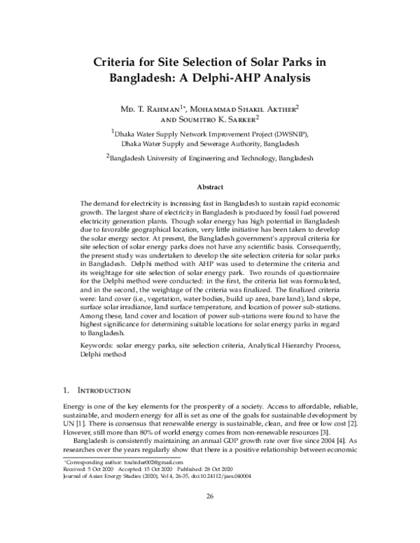 (PDF) Criteria for Site Selection of Solar Parks in Bangladesh: A ...