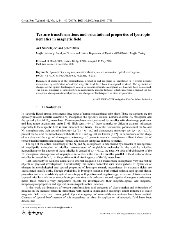 (PDF) Texture transformations and orientational properties of lyotropic nematics in magnetic field