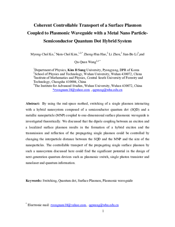 (PDF) Coherent Controllable Transport of a Surface Plasmon Coupled to a Plasmonic Waveguide with ...