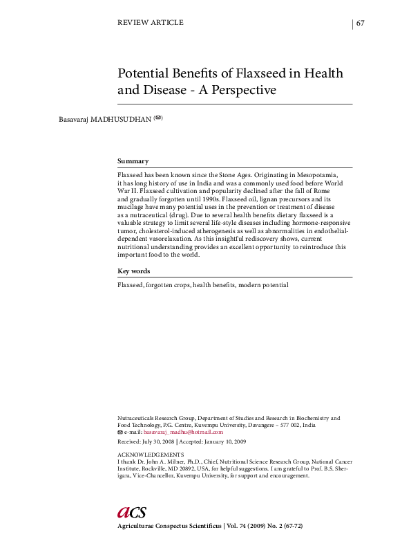 (PDF) Potential benefits of flaxseed in health and disease-A perspective