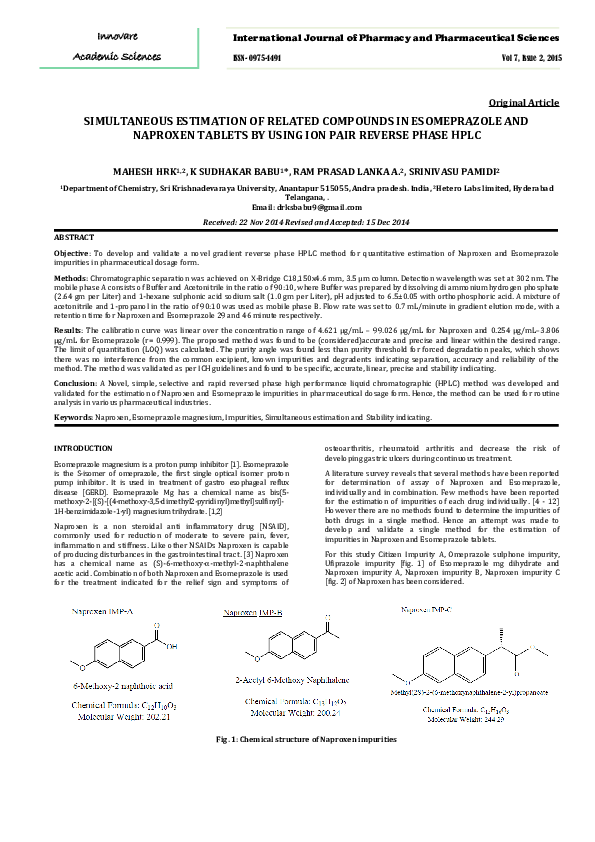 Pdf Simultaneous Estimation Of Related Compounds In Esomeprazole And Naproxen Tablets By Using