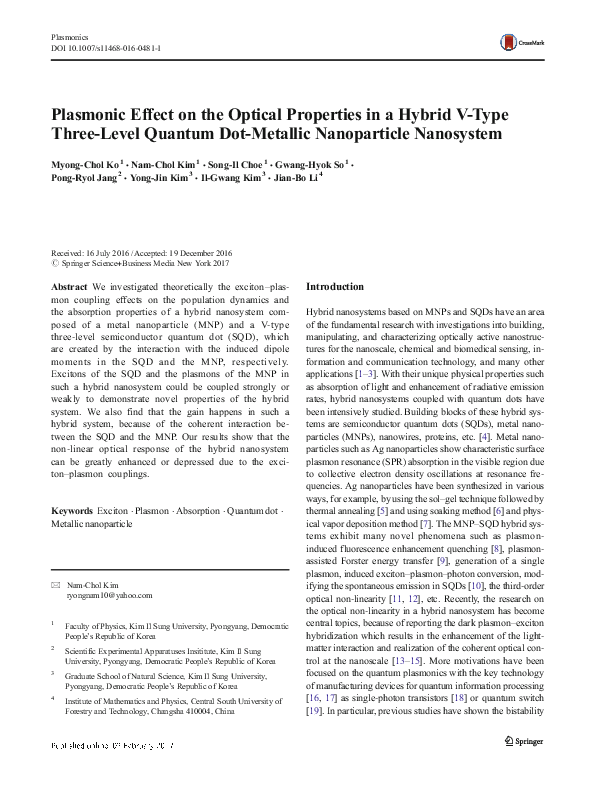 (PDF) Plasmonic Effect on the Optical Properties in a Hybrid V-Type Three-Level Quantum Dot ...