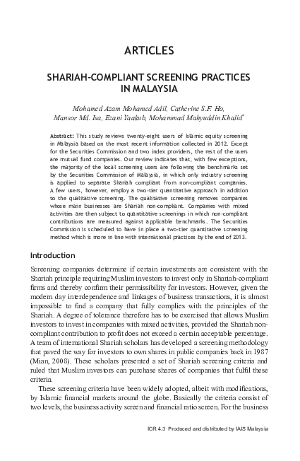 (PDF) Shariah-Compliant Screening Practices in Malaysia