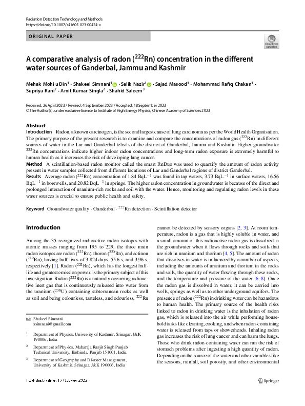 (PDF) A comparative analysis of radon ( 222 Rn) concentration in the different water sources of ...