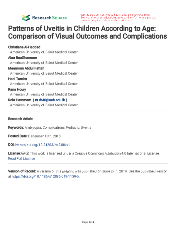 (PDF) Patterns of Uveitis in Children According to Age: Comparison of ...