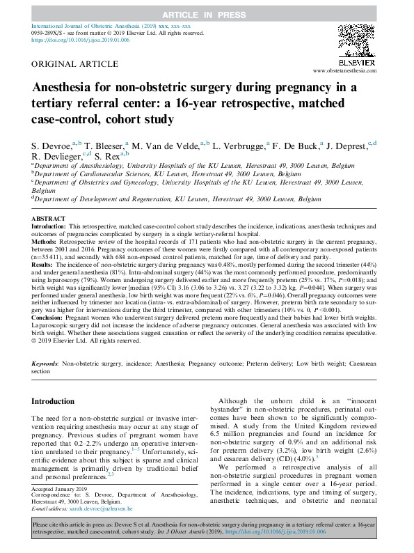 (PDF) Anesthesia for non-obstetric surgery during pregnancy in a ...