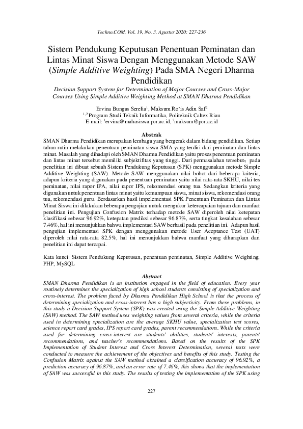 (PDF) Sistem Pendukung Keputusan Penentuan Peminatan Siswa Dengan Menggunakan Metode SAW (Simple ...