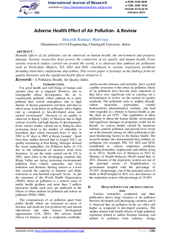 (PDF) Adverse Health Effect of Air Pollution- A Review