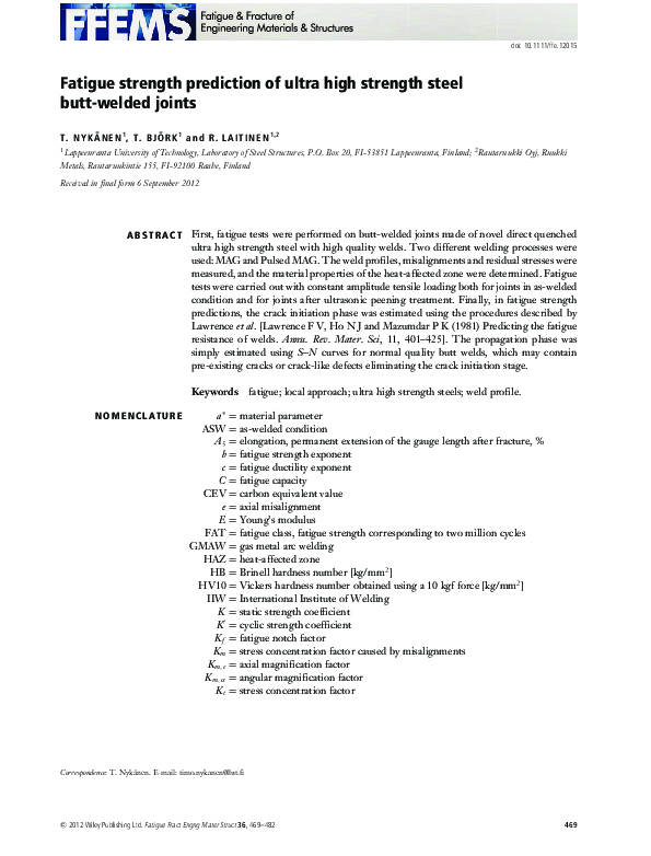 (PDF) Fatigue strength prediction of ultra high strength steel butt ...