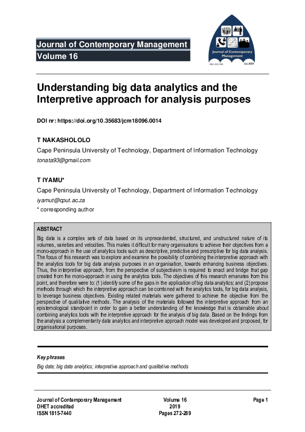 (PDF) Understanding big data analytics and the Interpretive approach for analysis purposes