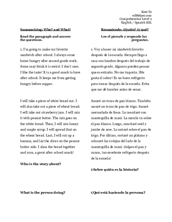(PDF) Comprehension Level 2 English / Spanish ESL Summarizing: Who? and ...