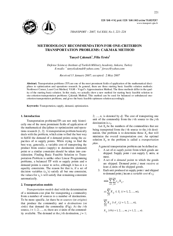 (PDF) Methodology Recommendation for One-Criterion Transportation Problems: Cakmak Method ...