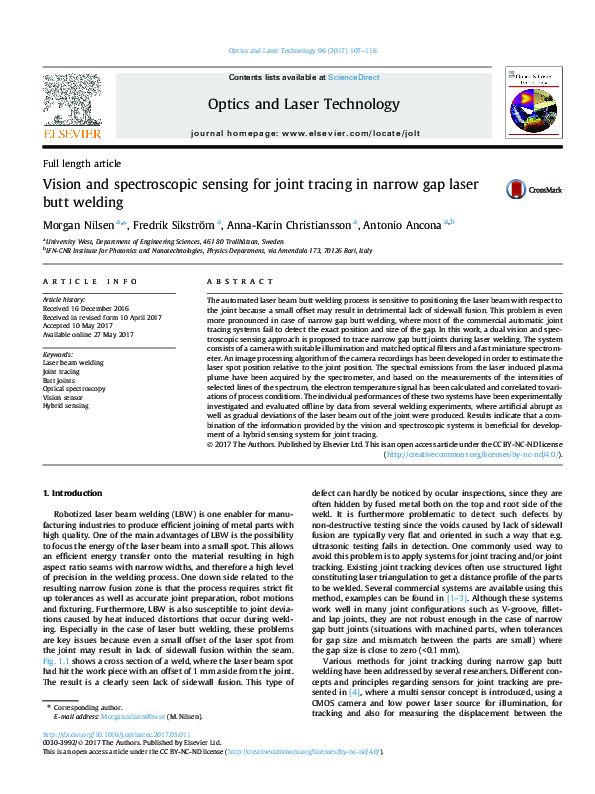 Pdf Vision And Spectroscopic Sensing For Joint Tracing In Narrow Gap Laser Butt Welding