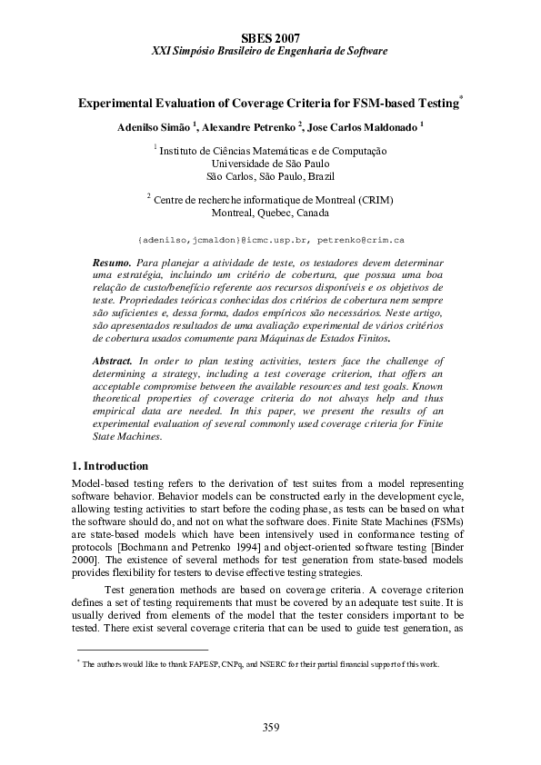 (PDF) Experimental Evaluation of Coverage Criteria for FSM-based Testing (PDF) Experimental Evaluation of Coverage Criteria for FSM-based Testing
