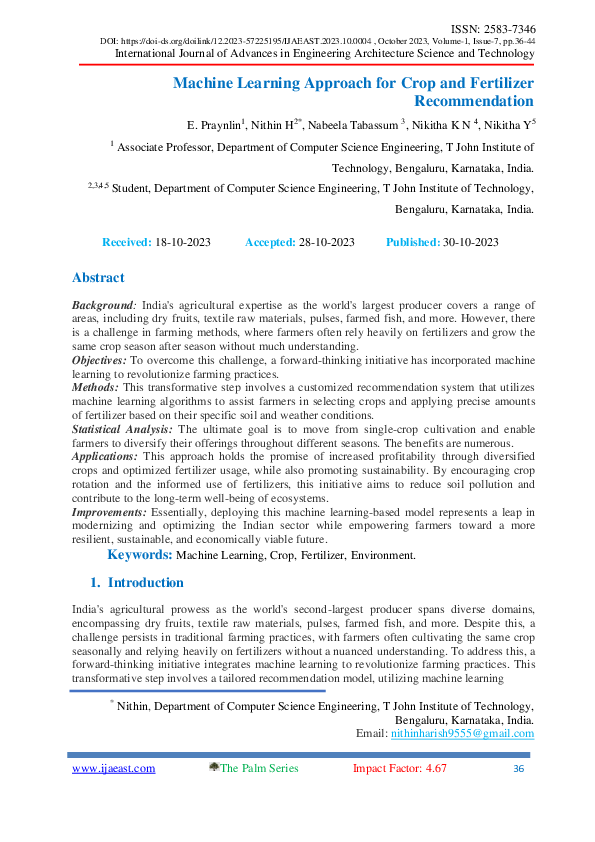 (PDF) Machine Learning Approach for Crop and Fertilizer Recommendation