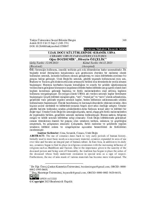(PDF) UZAK DOĞU KÜLTÜRLERİNDE SERAMİK URNA, CERAMIC URN IN FAR EASTERN CULTURES