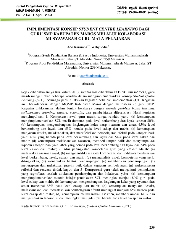 (PDF) Wsa IMPLEMENTASI KONSEP STUDENT CENTRE LEARNING BAGI GURU SMP ...