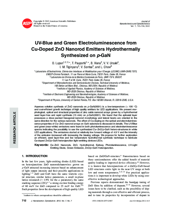 (PDF) UV-Blue and Green Electroluminescence from Cu-Doped ZnO Nanorod Emitters Hydrothermally ...