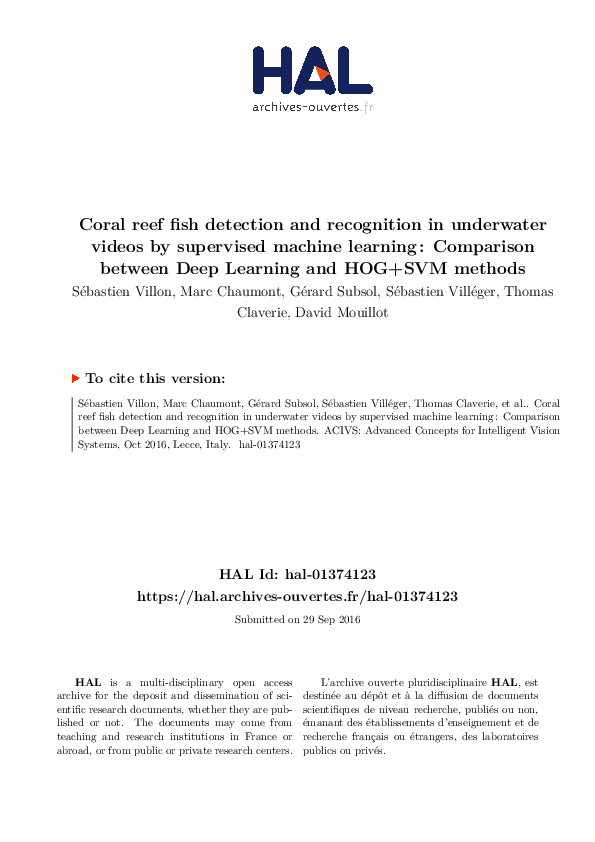 (PDF) Coral Reef Fish Detection and Recognition in Underwater Videos by Supervised Machine ...