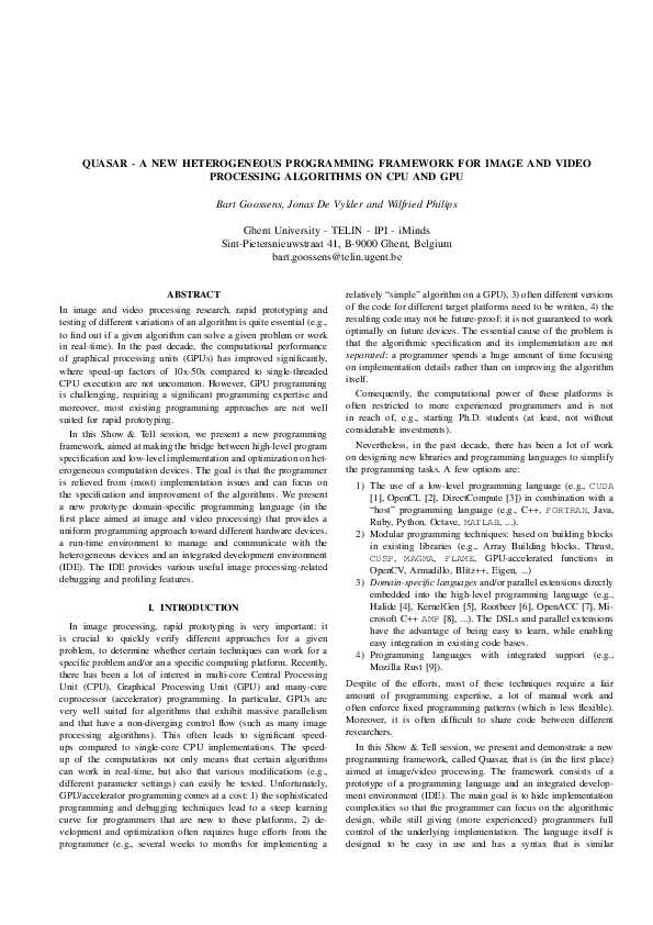 Pdf Quasar — A New Heterogeneous Programming Framework For Image And Video Processing