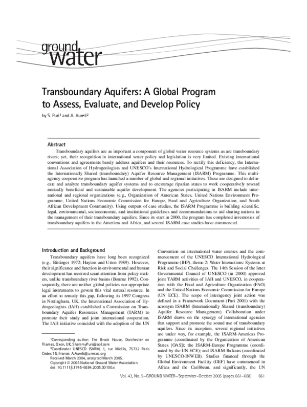 (PDF) Transboundary Aquifers: A Global Program to Assess, Evaluate, and ...