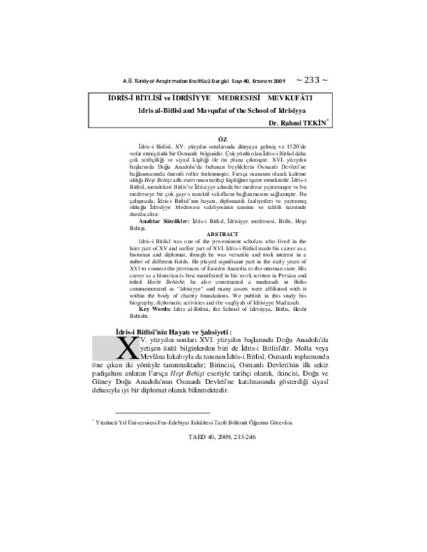 (PDF) İdris-İ Bitlisî ve İdrisiyye Medresesi Mevkufâtı