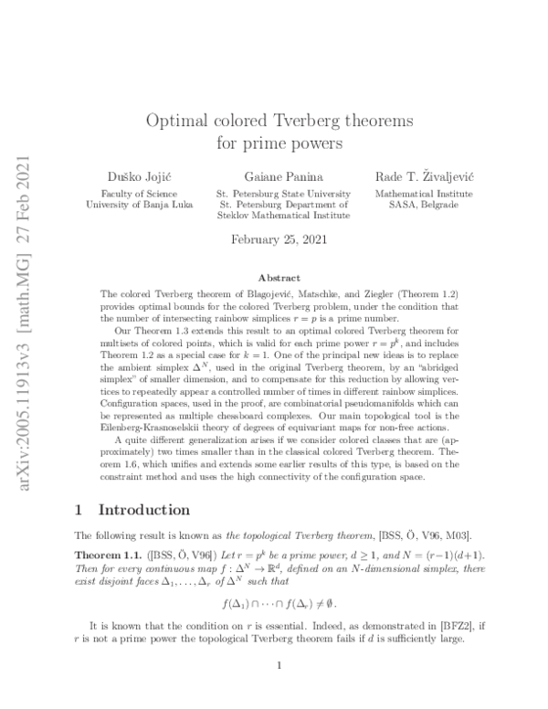 (PDF) Optimal colored Tverberg theorems for prime powers