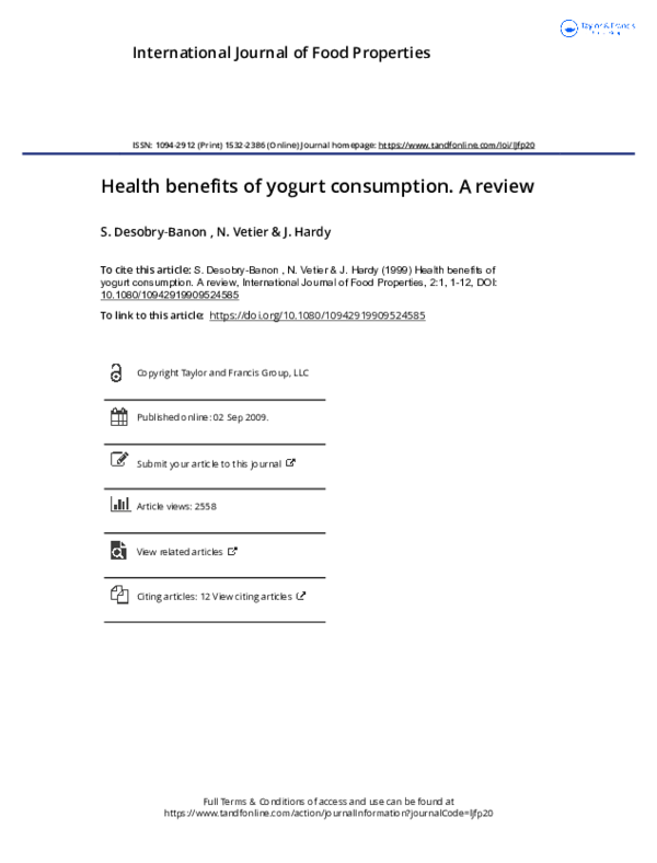 (PDF) Health benefits of yogurt consumption. A review
