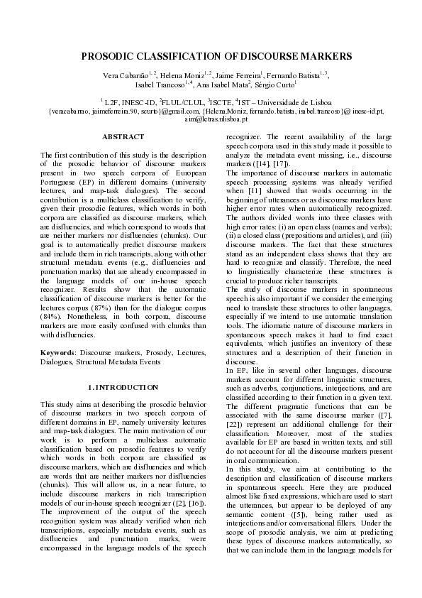 (PDF) Prosodic Classification of Discourse Markers