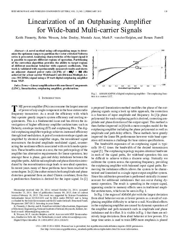 (PDF) Linearization of an Outphasing Amplifier for Wide-band Multi-carrier Signals