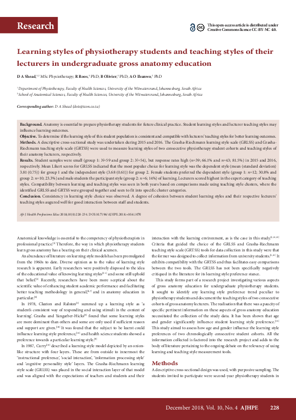 (PDF) Learning styles of physiotherapy students and teaching styles of ...