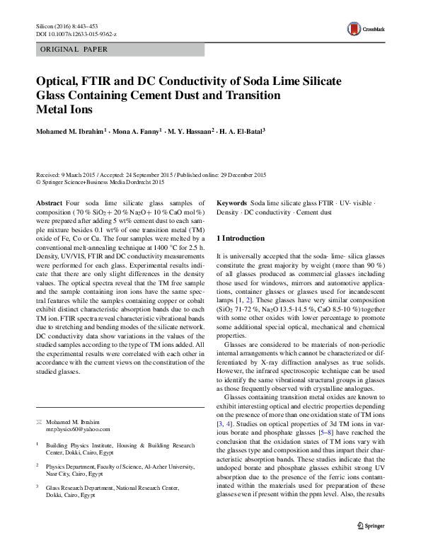 (PDF) Optical, FTIR and DC Conductivity of Soda Lime Silicate Glass ...