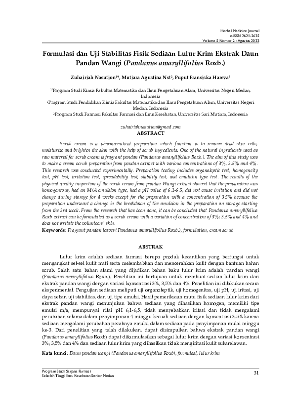 (PDF) Formulasi dan Uji Stabilitas Fisik Sediaan Lulur Krim Ekstrak Daun Pandan Wangi (Pandanus ...