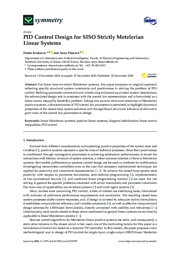 (PDF) PID Control Design for SISO Strictly Metzlerian Linear Systems ...
