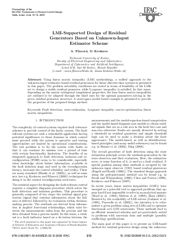 (PDF) LMI-Supported Design of Residual Generators Based on Unknown-Input Estimator Scheme