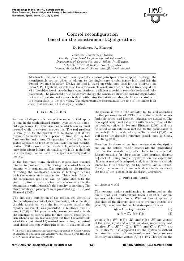 Pdf Control Reconfiguration Based On The Constrained Lq Algorithms