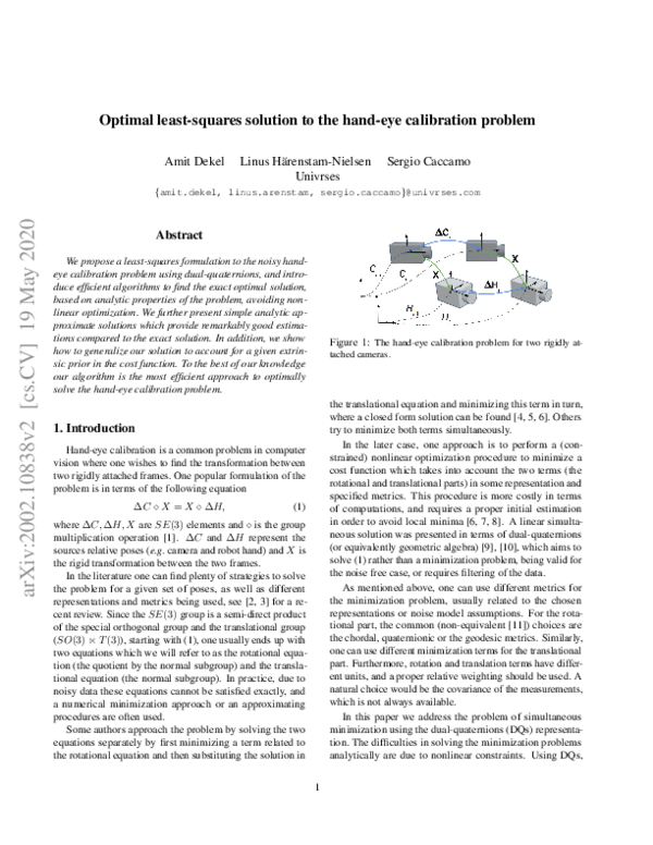 (PDF) Efficient Least-Squares Solutions for Hand-Eye Calibration