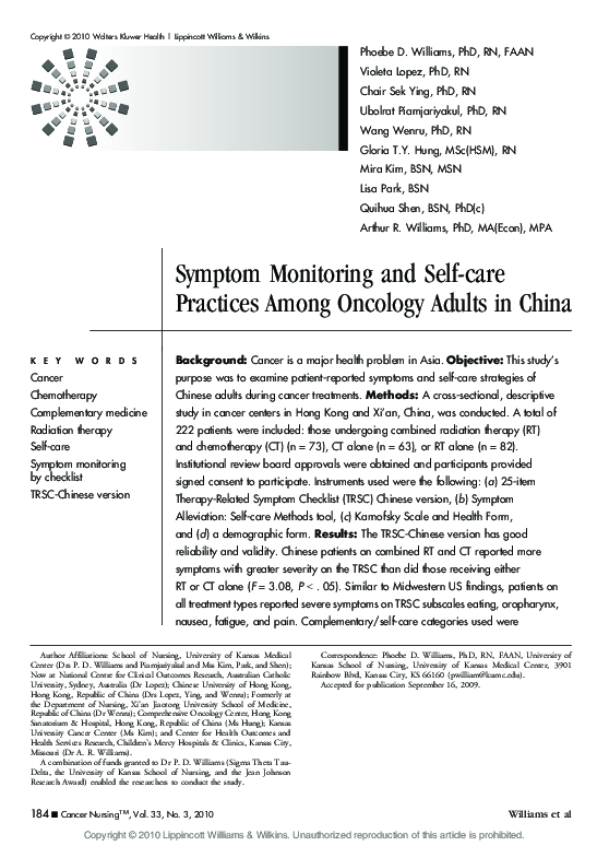 (PDF) Symptom Monitoring and Self-care Practices Among Filipino Cancer ...