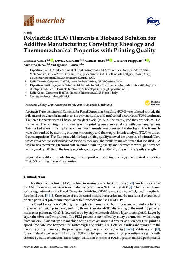 (PDF) Polylactide (PLA) Filaments a Biobased Solution for Additive Manufacturing: Correlating ...