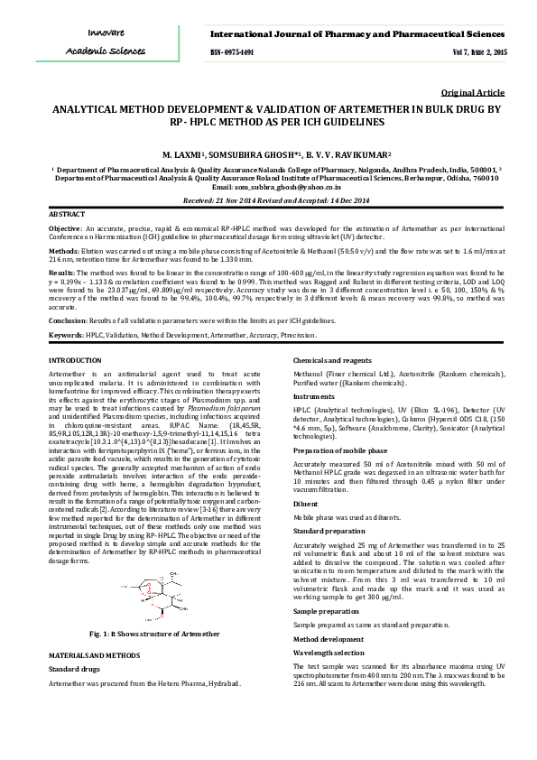 Pdf Analytical Method Development And Validation Of Artemether In Bulk Drug By Rp Hplc Method As