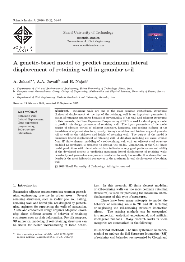 (PDF) A genetic-based model to predict maximum lateral displacement of retaining wall in ...